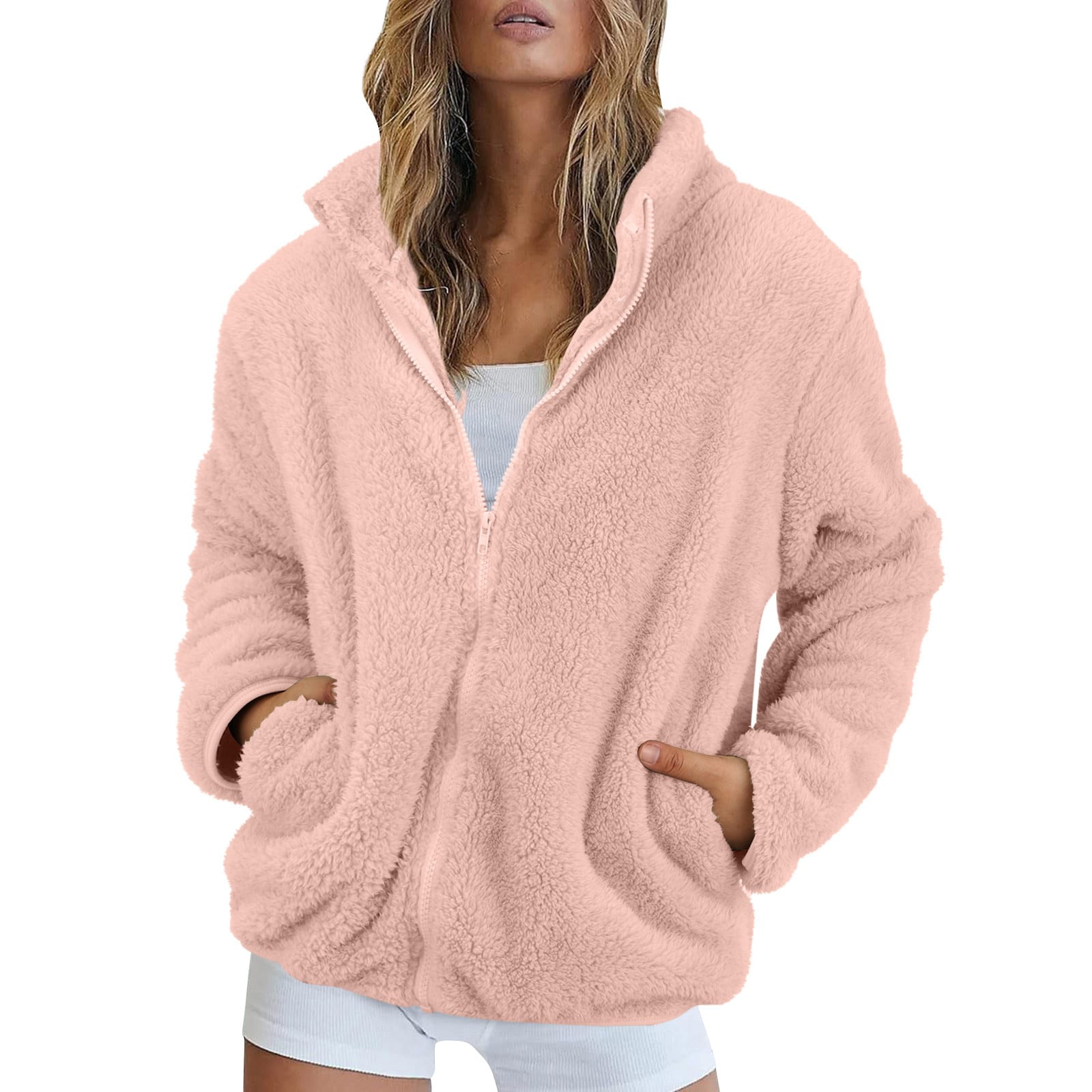 Women's Long Sleeve Jacket Fleece Coat Fuzzy Winter Warm Zip Up Zipper ...