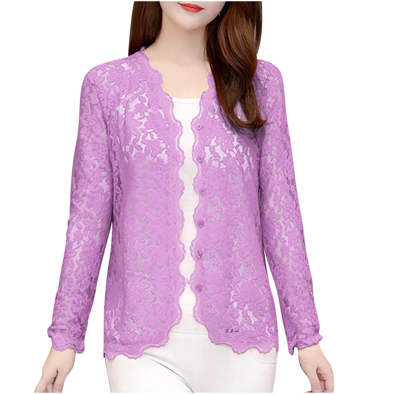 Women's Long Sleeve Lace Cardigan Casual Open Front Floral Lace Shrug ...