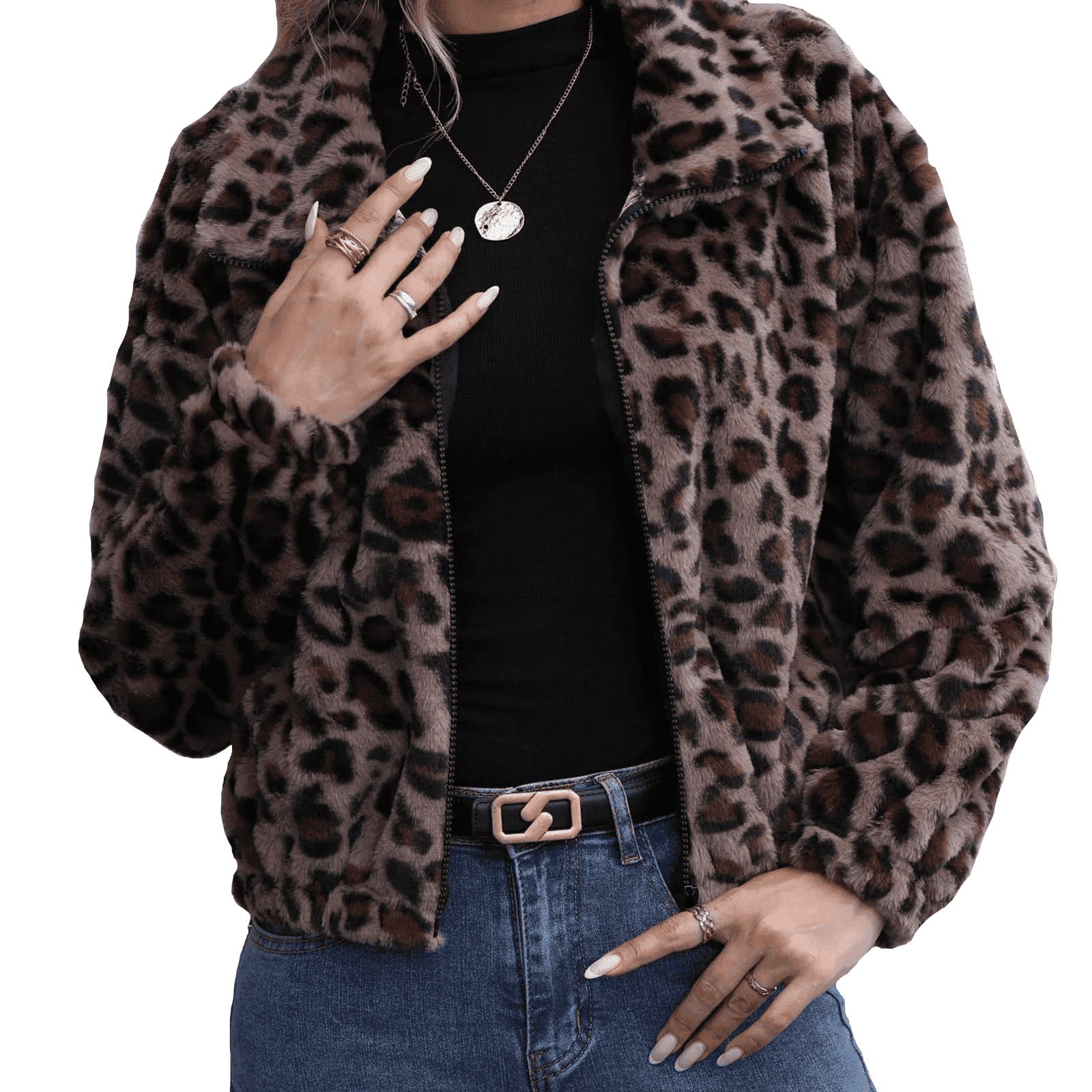 Women's Leopard Fleece Jacket Crop Zip Long Sleeve Jackets - Walmart.com