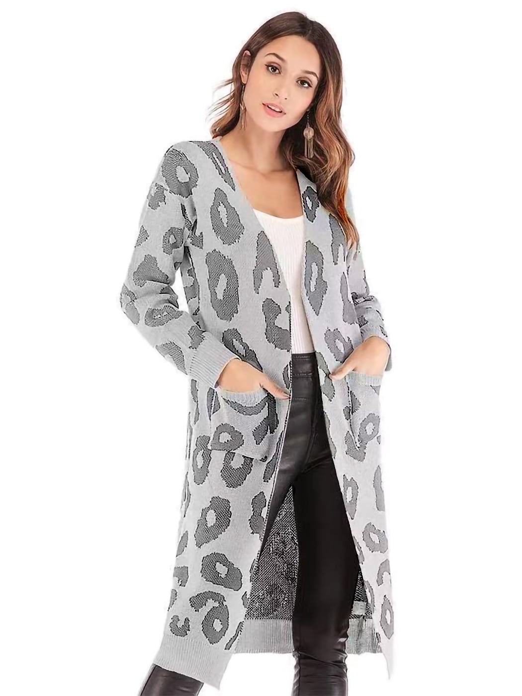 Women's Long Sleeve Leopard Print Cardigan Open Front Draped Duster ...