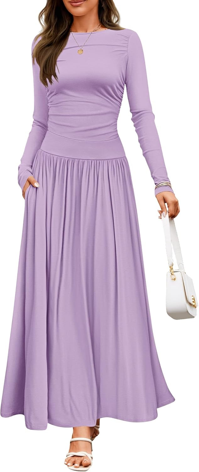 Women's Long Sleeve Maxi Dress 2024 Fall Crewneck Knit Casual Slim Swing Pleated Dresses with ...