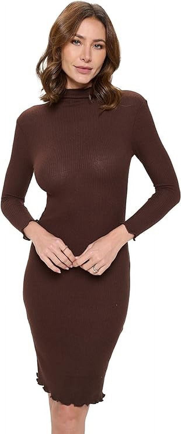 Women's Long Sleeve Midi Cocktail Bodycon Dress, Stretchy Ribbed Knit, High Neck(Choco Medium ...