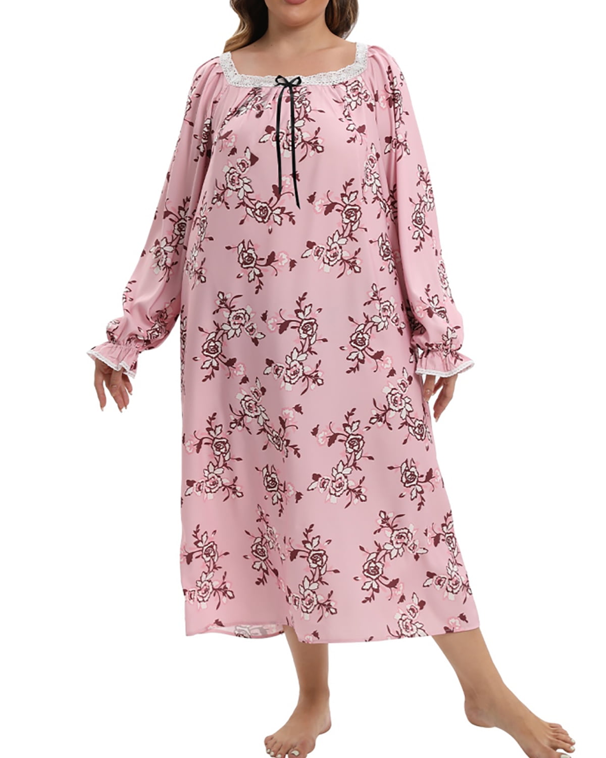 Women's Long Sleeve Nightgown Plus Size Long Sleepshirts Floral Sleep ...