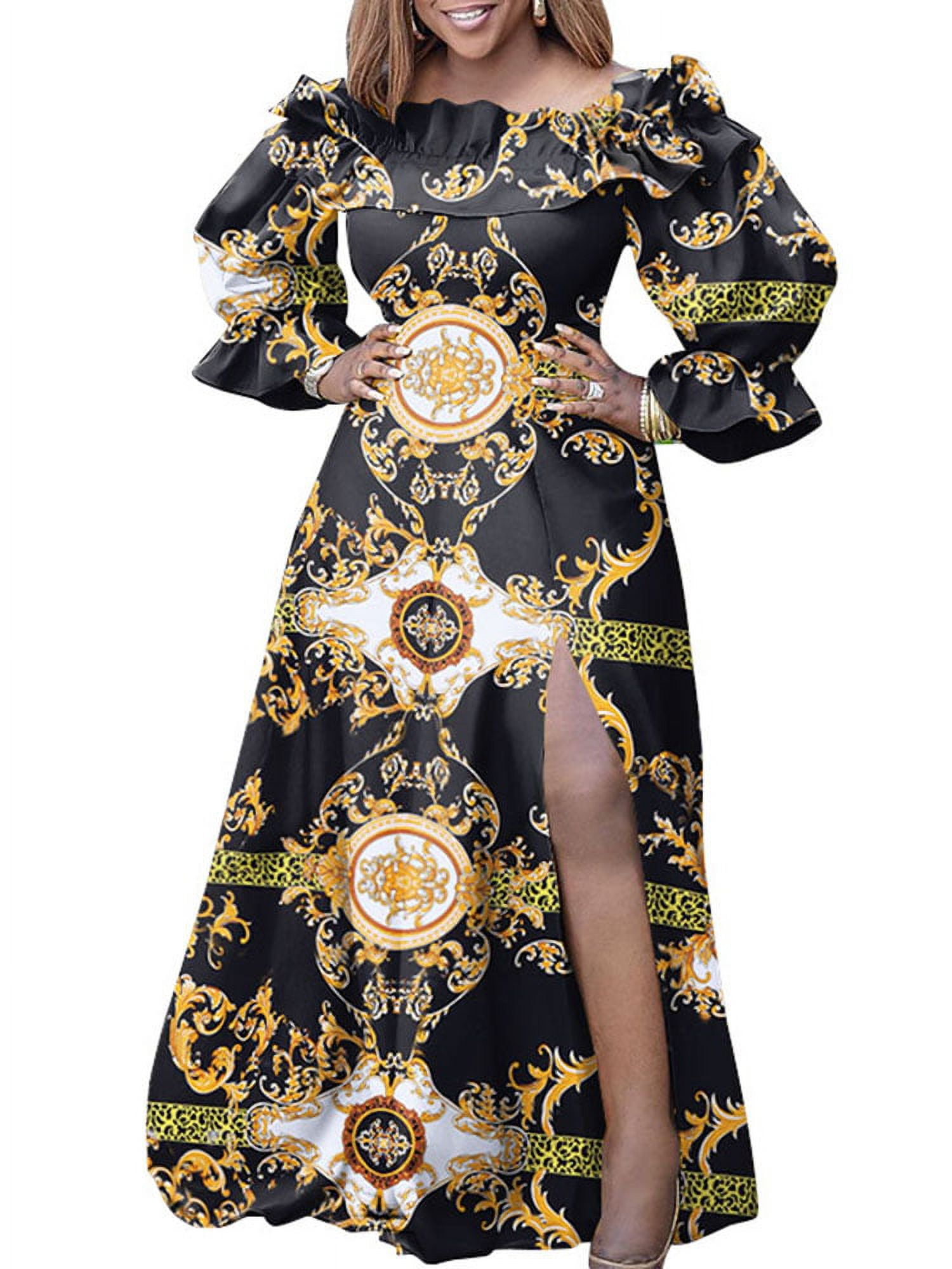 Women's Long Sleeve Off Shoulder High Slit Tunic Dress Vintage Printed ...