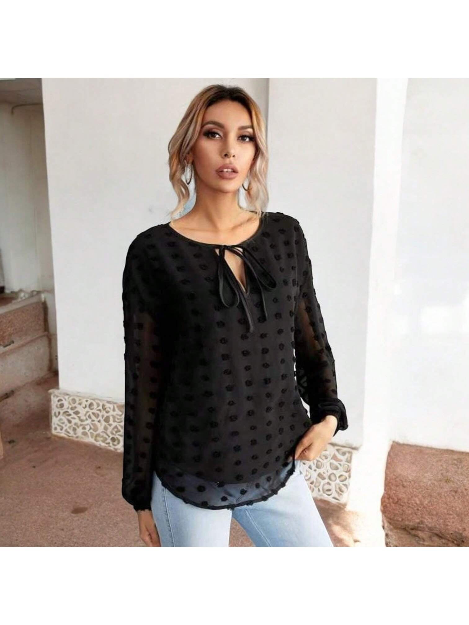 Women's Long Sleeve Polka Dot Chiffon Blouse With Tie Neck- Small ...