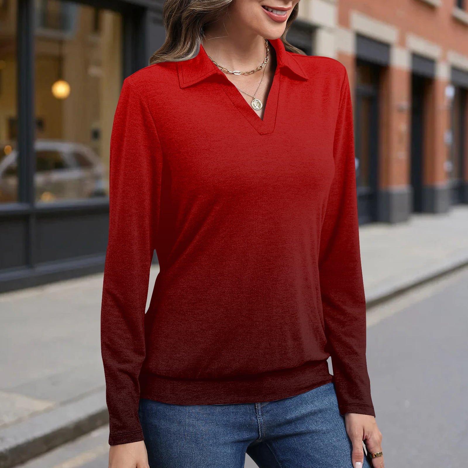 Women's Long Sleeve Polo Shirts Casual Gradient Color V Neck Tops Fall ...