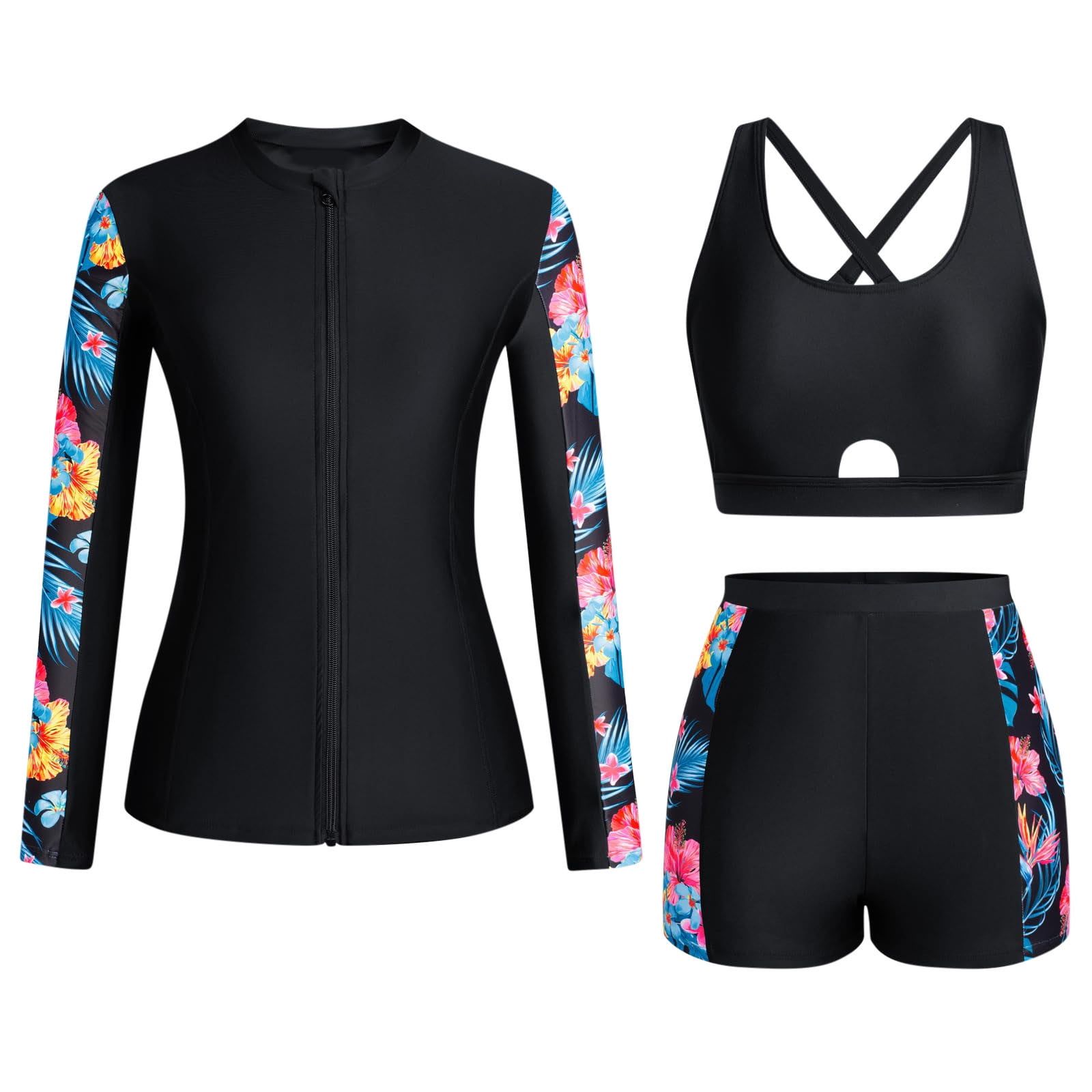 Women's Long Sleeve Rash Guard Athletic Swim Set 3 Pieces Tankini Sets ...