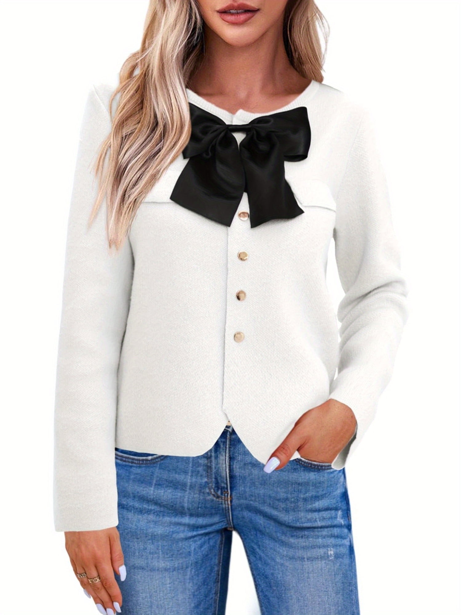 Women's Long Sleeve Round Neck Knitted Sweater Coat Buttoned crop ...