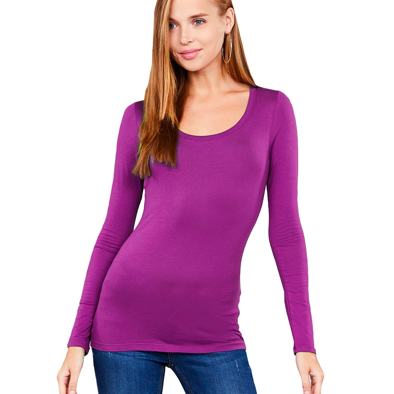 Women's Long Sleeve Scoop Neck Fitted Cotton Top Basic T Shirts-Plus ...