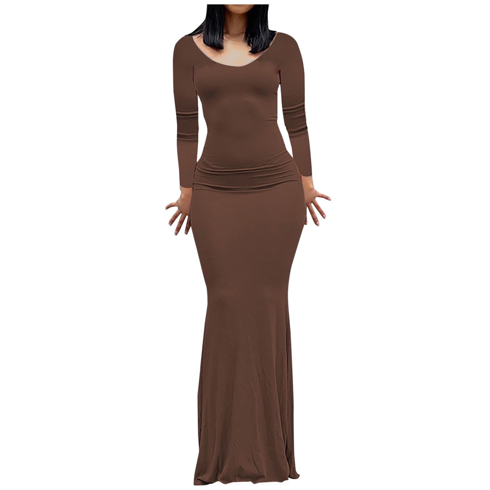 Women's Long Sleeve Scoop Neck Slim Fitted Maxi Long Dress Solid Color ...