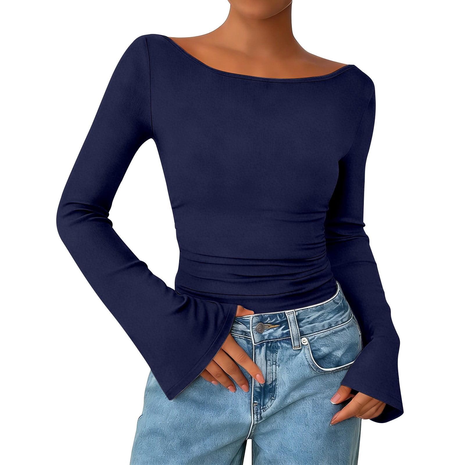 Women's Long Sleeve Shirts 2026 Spring, Ribbed Knit Boat Neck Casual ...