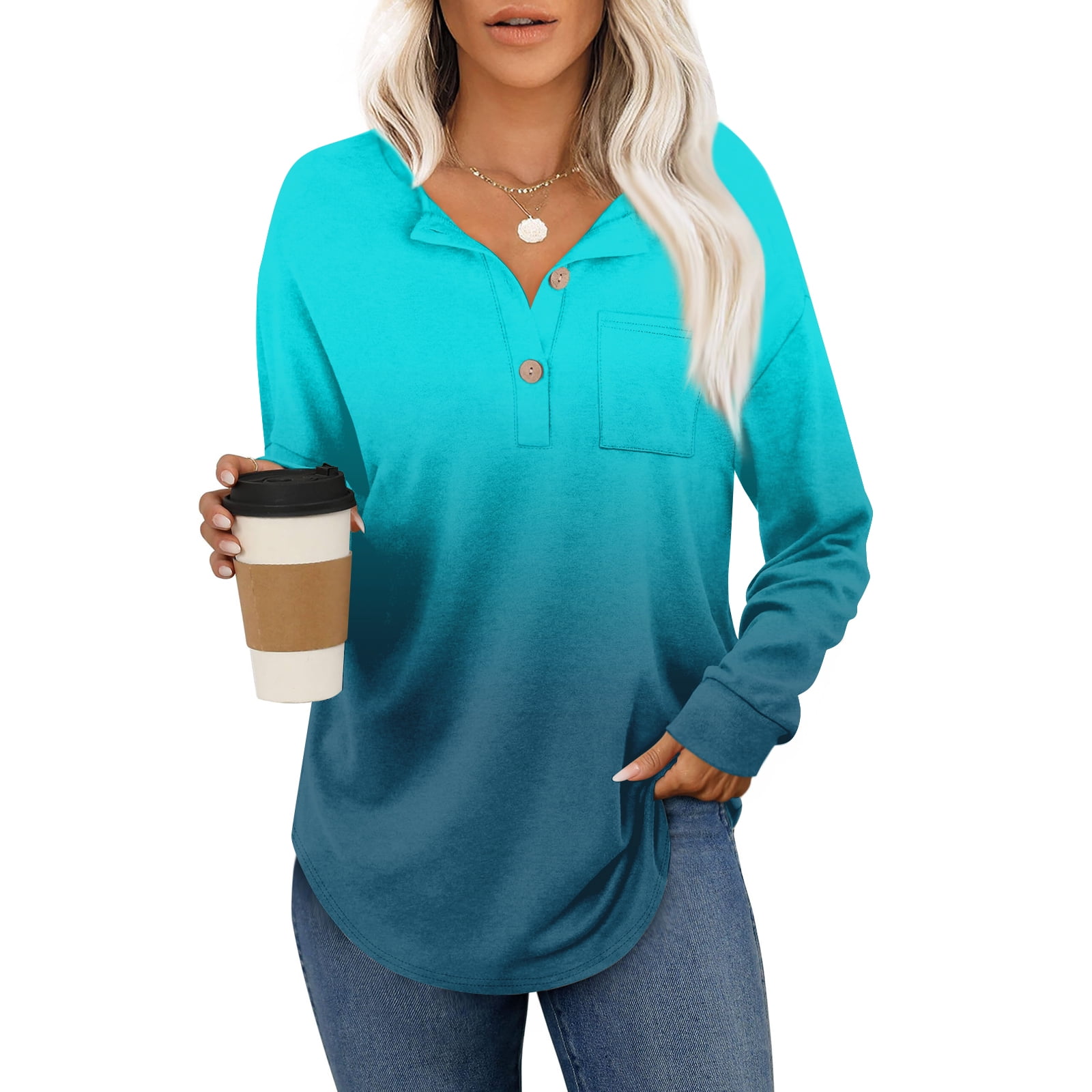 Women's Long Sleeve Shirts 2026 Tie-dye Gradient Print Henley Business ...