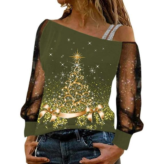 Women's Long Sleeve Shirts Off Shoulder Christmas Tree Print Lace Tunic ...