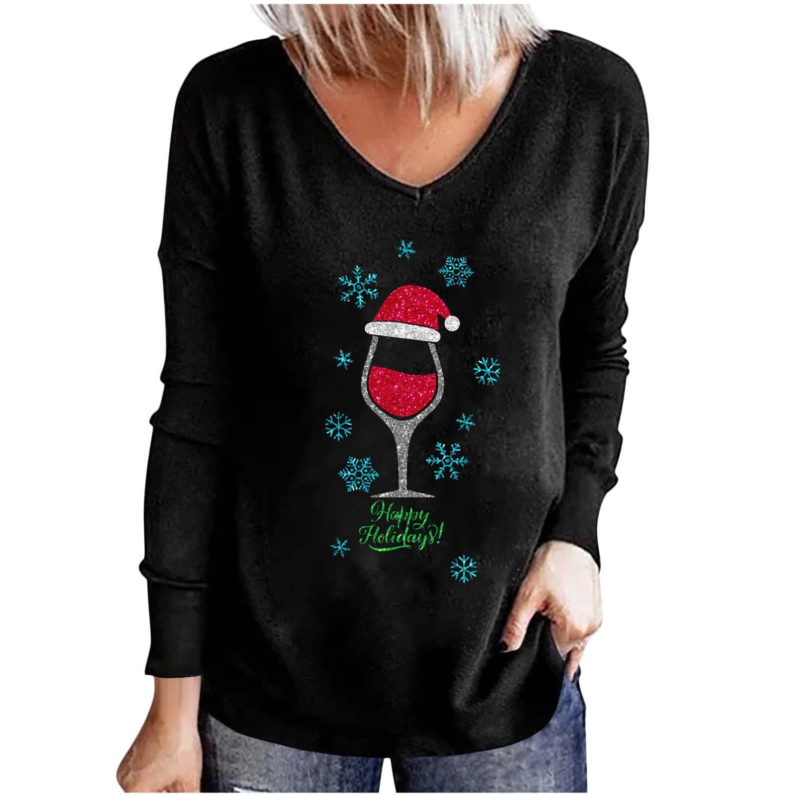 Women's Long Sleeve Shirts Tops Christmas Red Wine Glass Graphic Tee V Neck Casual Santas Hat ...