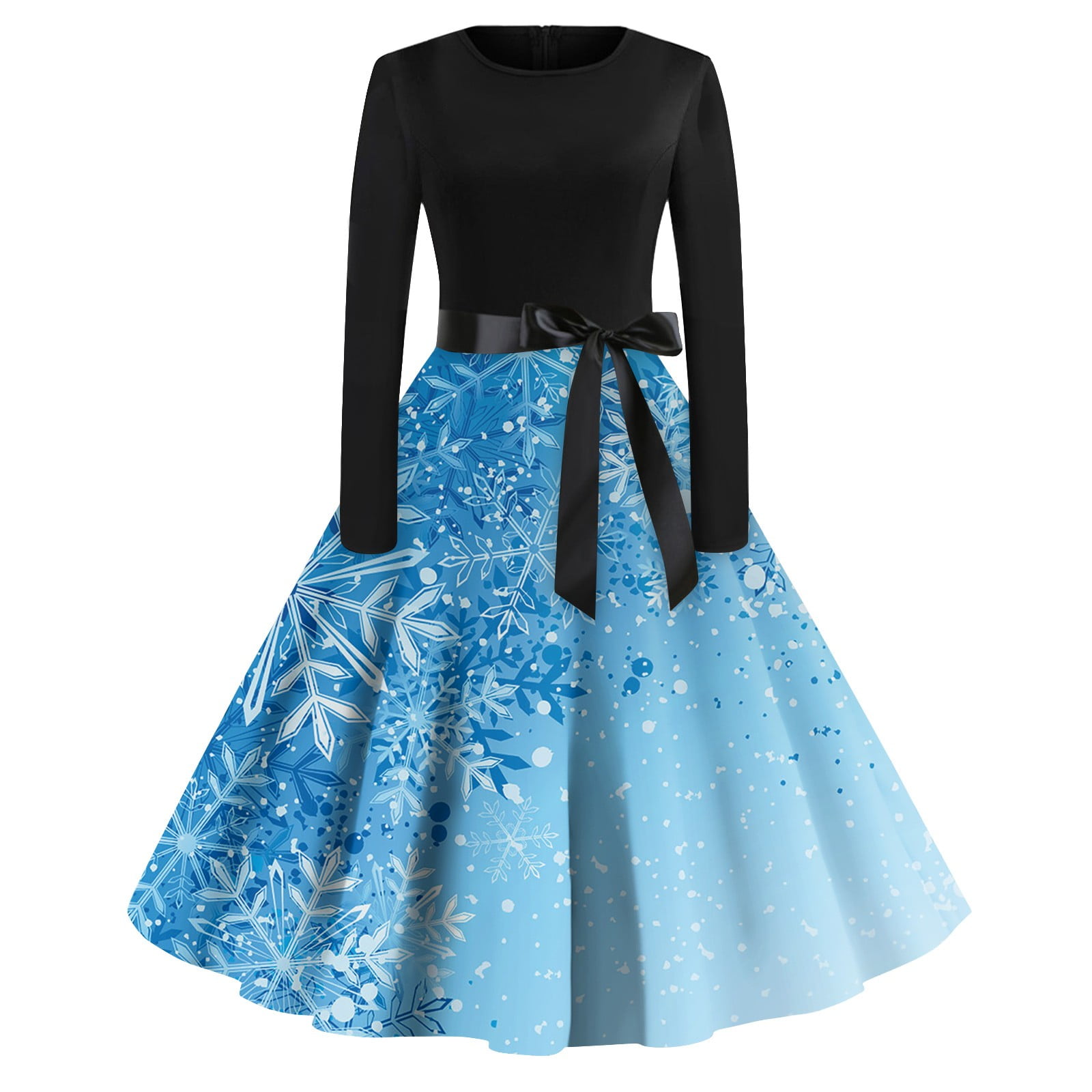Womens Long Sleeve Snowflake Print Dress Elegant Winter Holiday Party