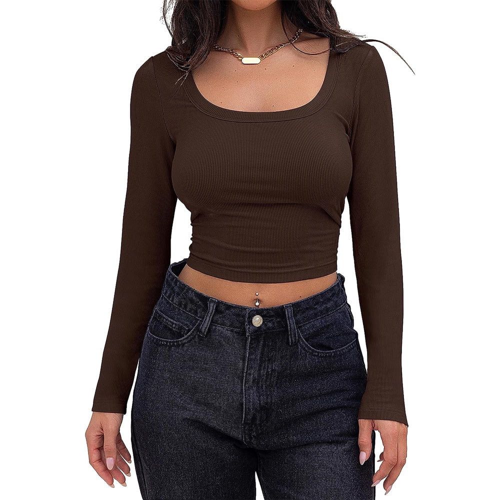 Women's Long Sleeve Square Neck Crop Top Ribbed Slim Fitted Casual T ...