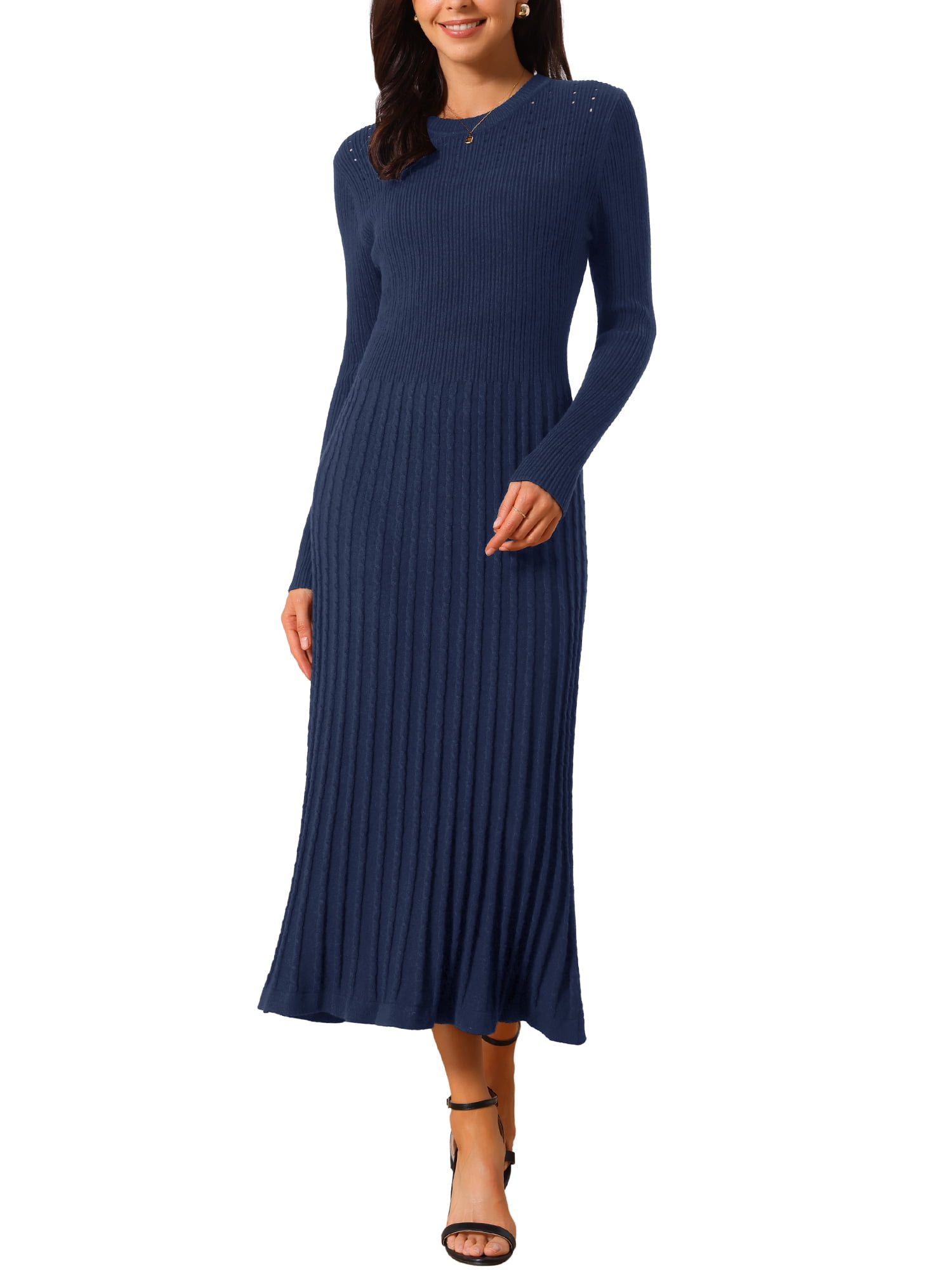 Women's Long Sleeve Sweater Dress Fall 2025 Crewneck Ribbed Knit ...