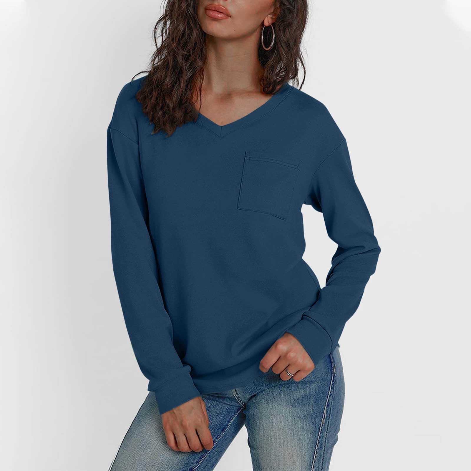 Women's Long Sleeve Thermal Tops Fleece Cotton V Neck Pullover Sweater ...