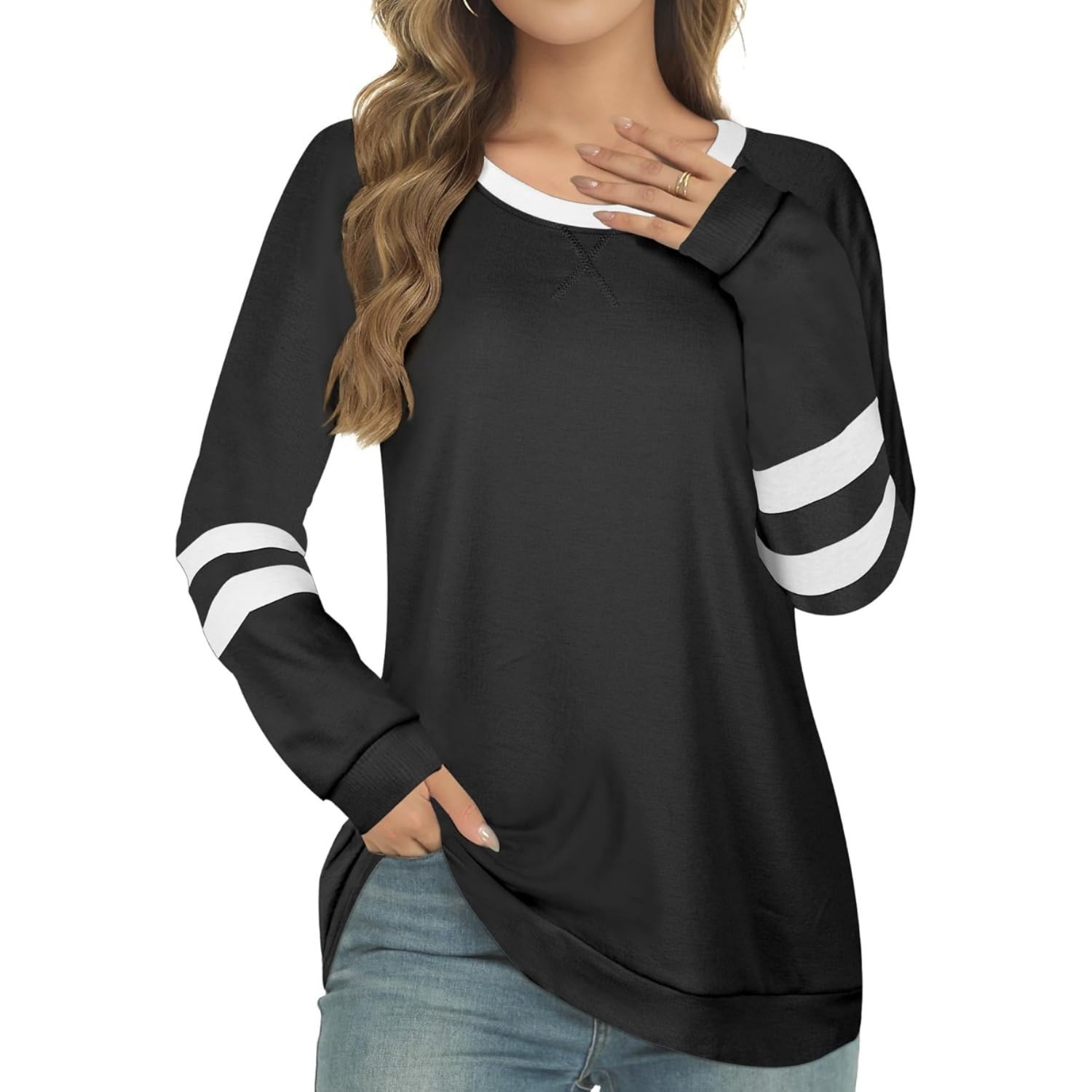 Women's Long-Sleeve Top, Casual Color-Block Crewneck T-Shirt, Basic ...