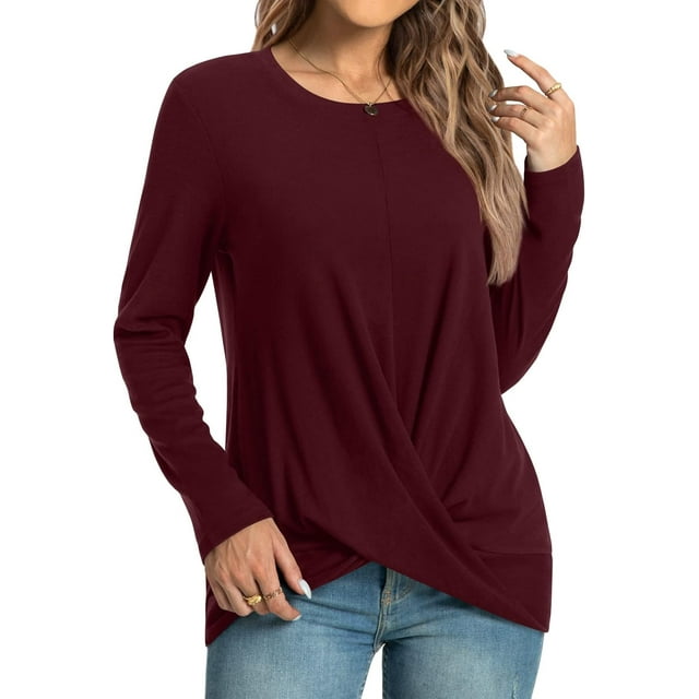 Womens Long Sleeve Tunic Tops Casual Round Neck T Shirts Front Twist Top