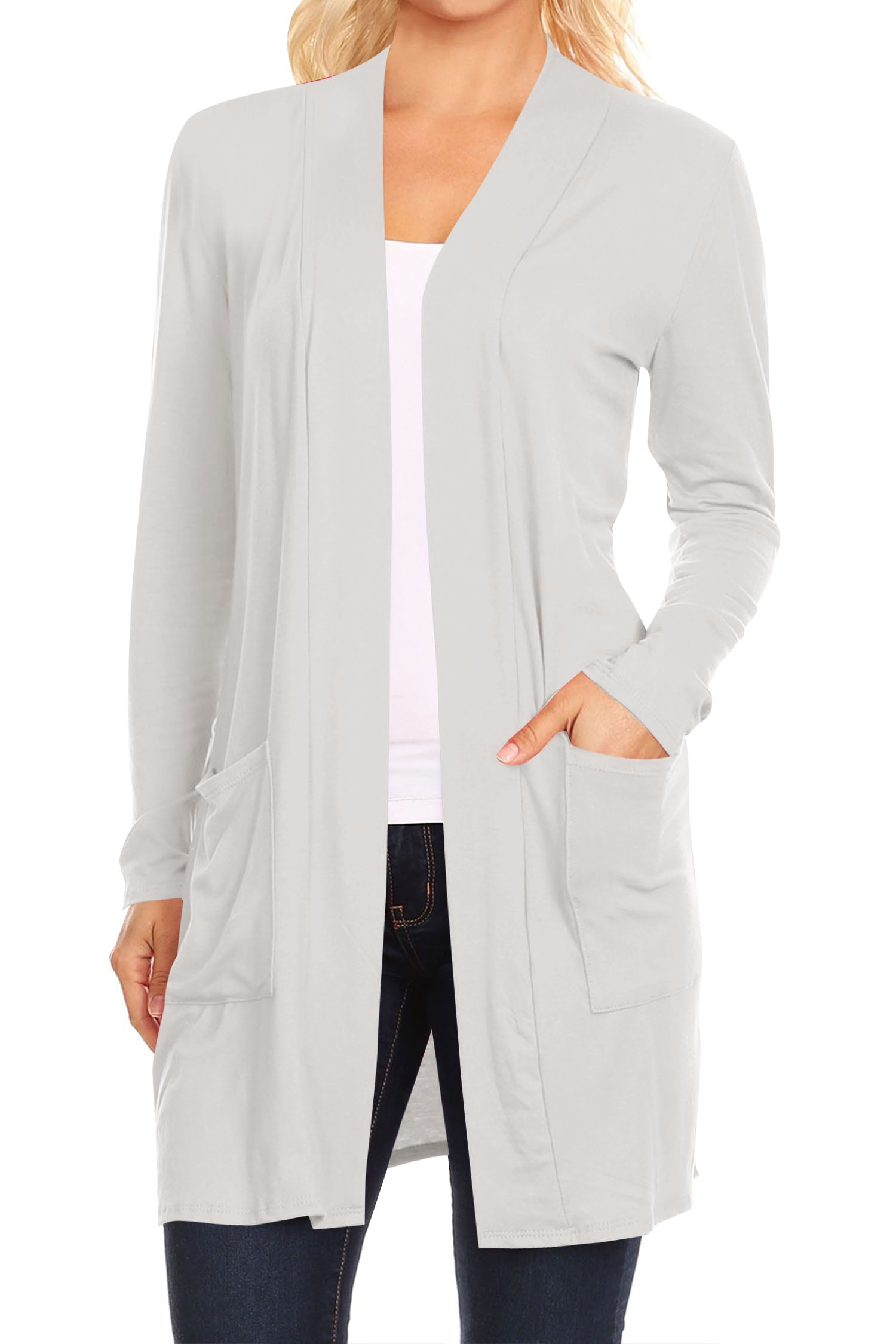 Women's Long Sleeves Relexed Fit Open Front Side Pockets Solid Cardigan ...