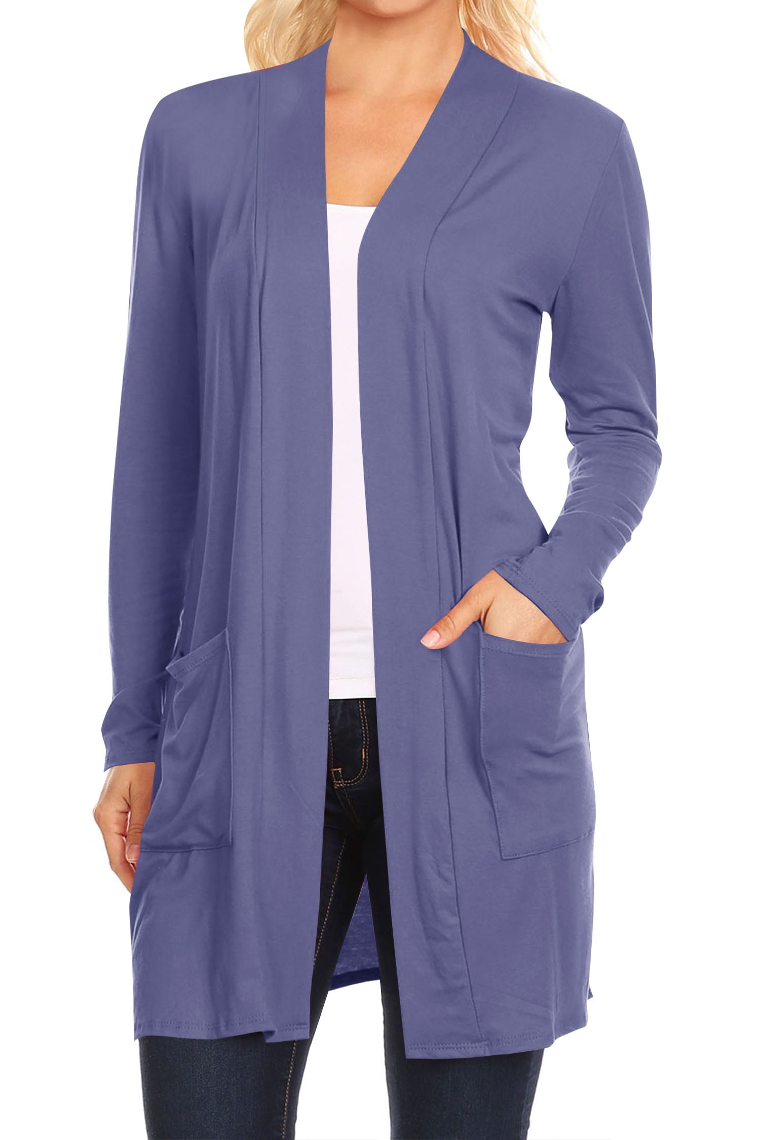 Women's Long Sleeves Relexed Fit Open Front Side Pockets Solid Cardigan ...