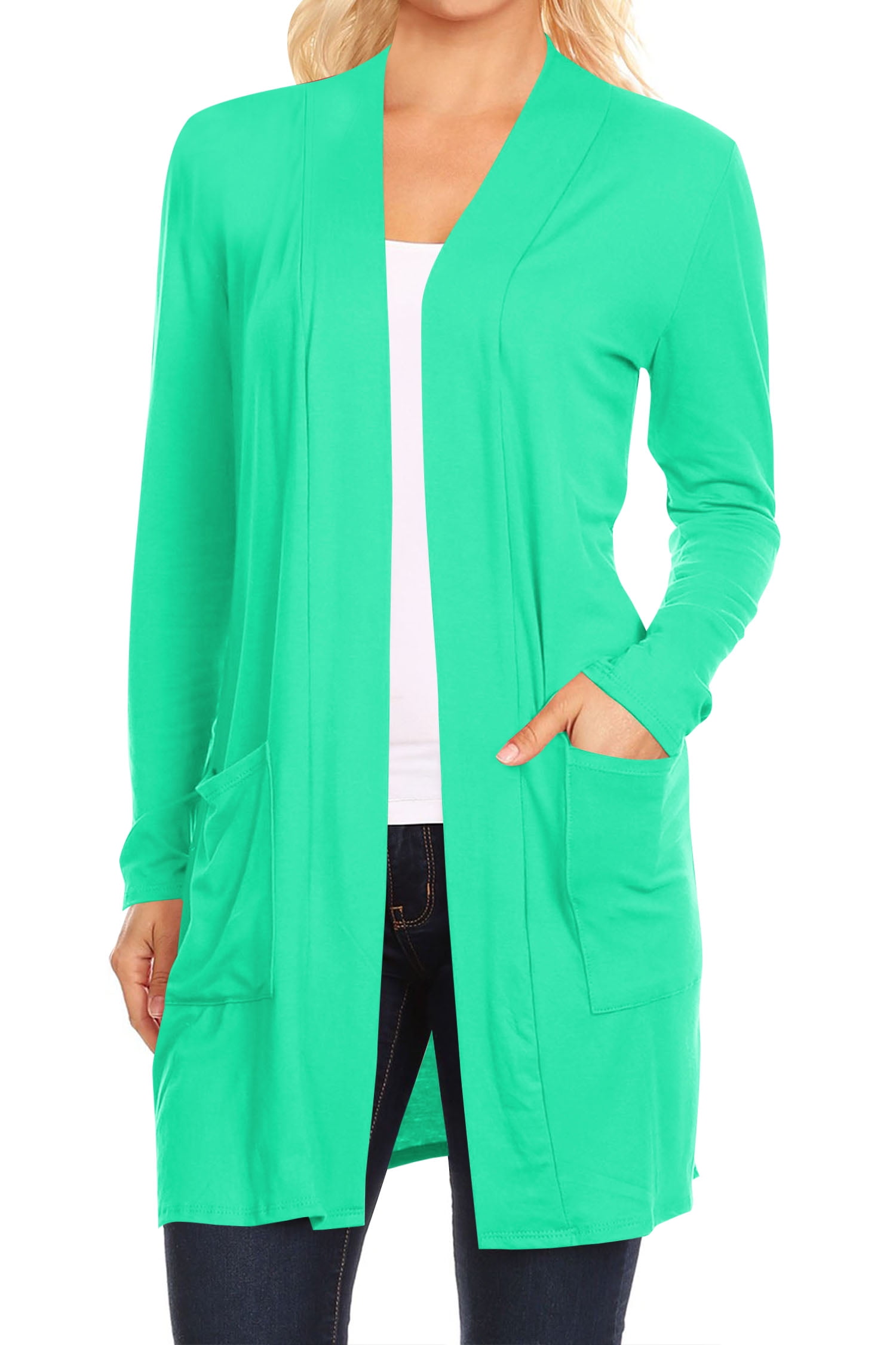 Women's Long Sleeves Relexed Fit Open Front Side Pockets Solid Cardigan ...