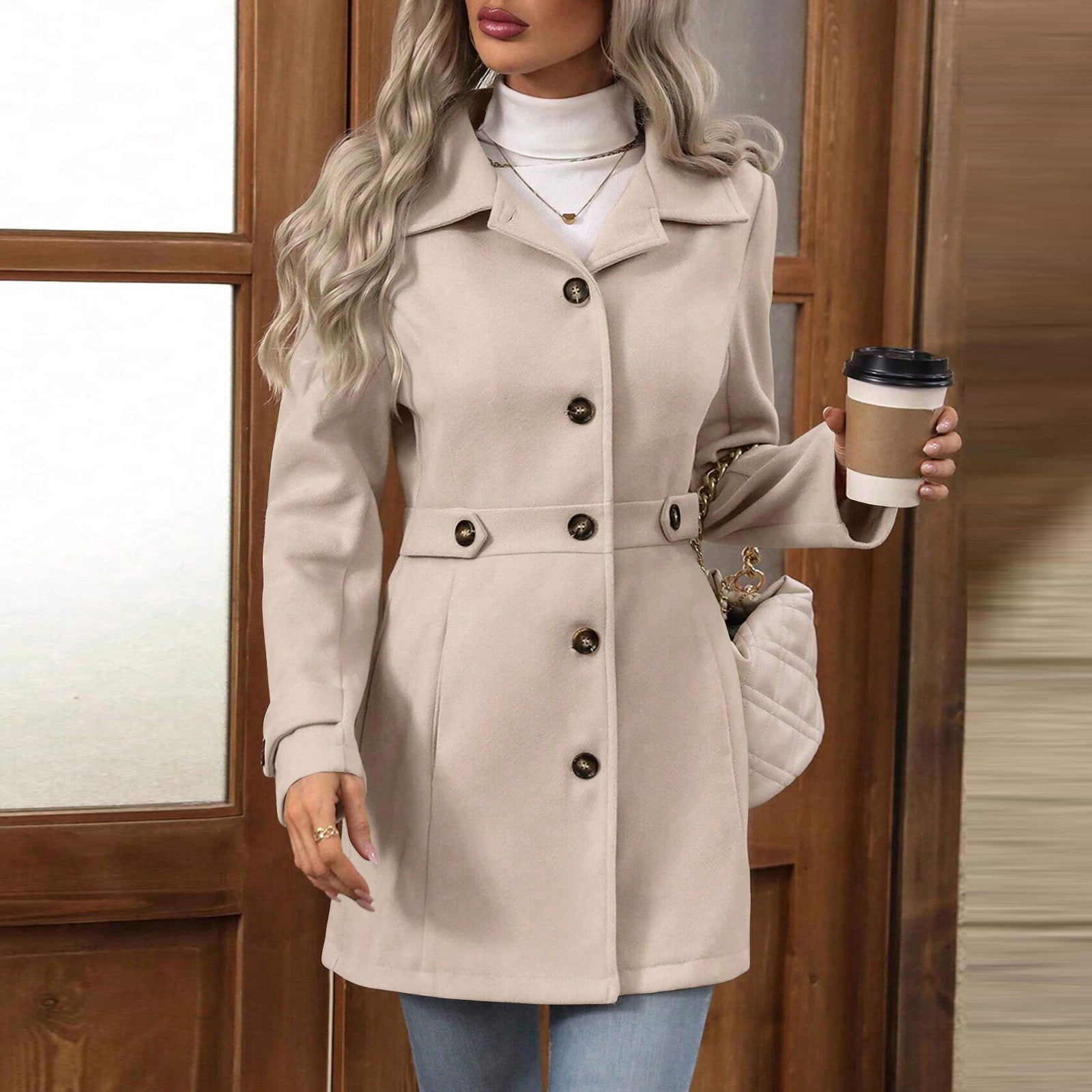 Women's Long Trench Coat Breasted Trench Jacket Notch Long Sleeve Fall ...