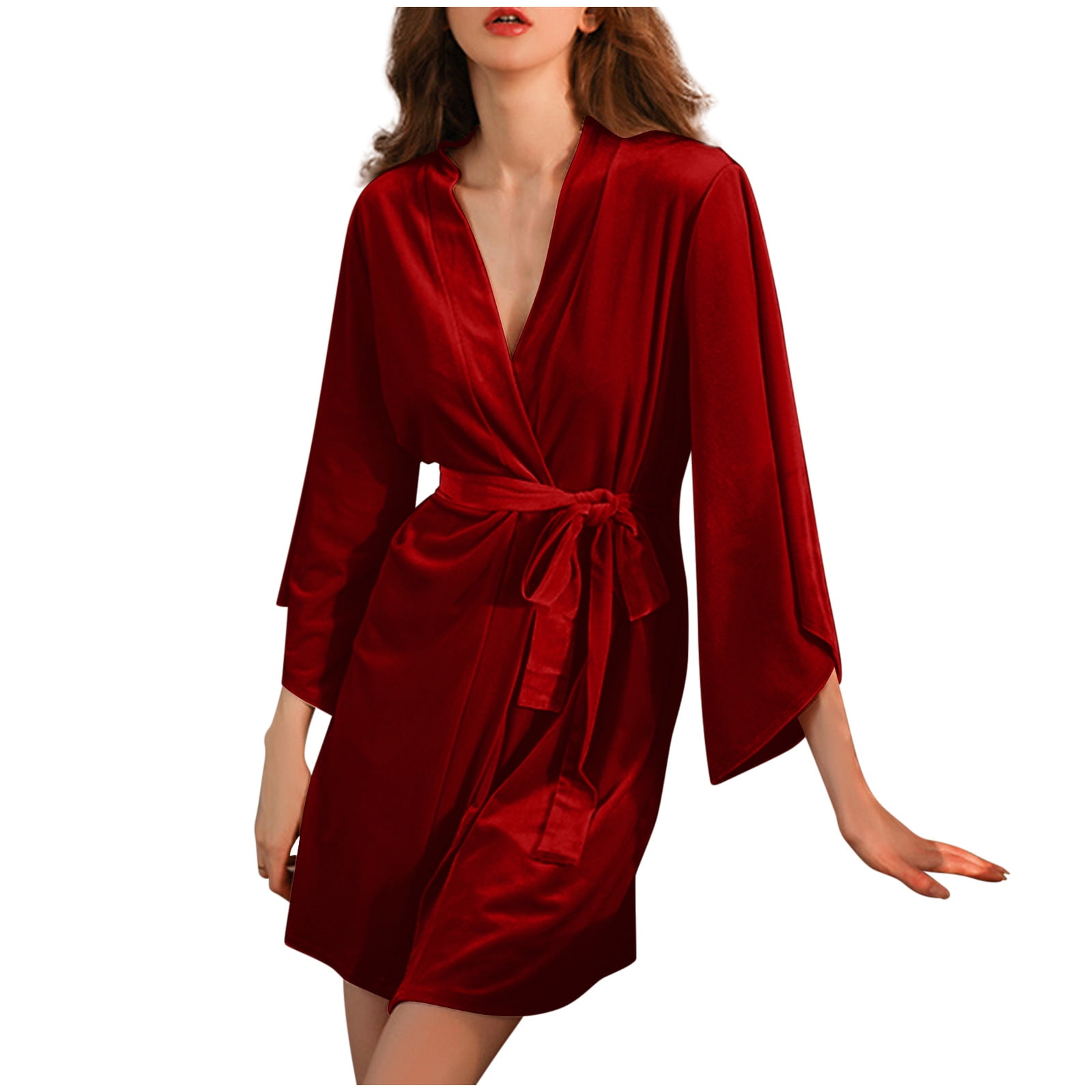 Women's Long Velvet Robe Long Sleeve Wrap Shawl Collar Velour Bathrobe ...