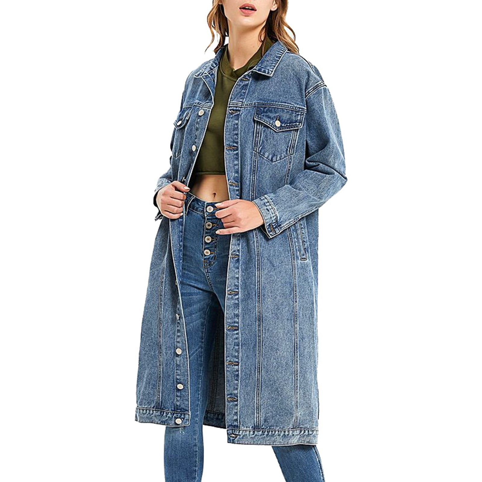 Women's Long Vintage Slim Fit Stylish Denim Jacket Diner Jacket Leather ...