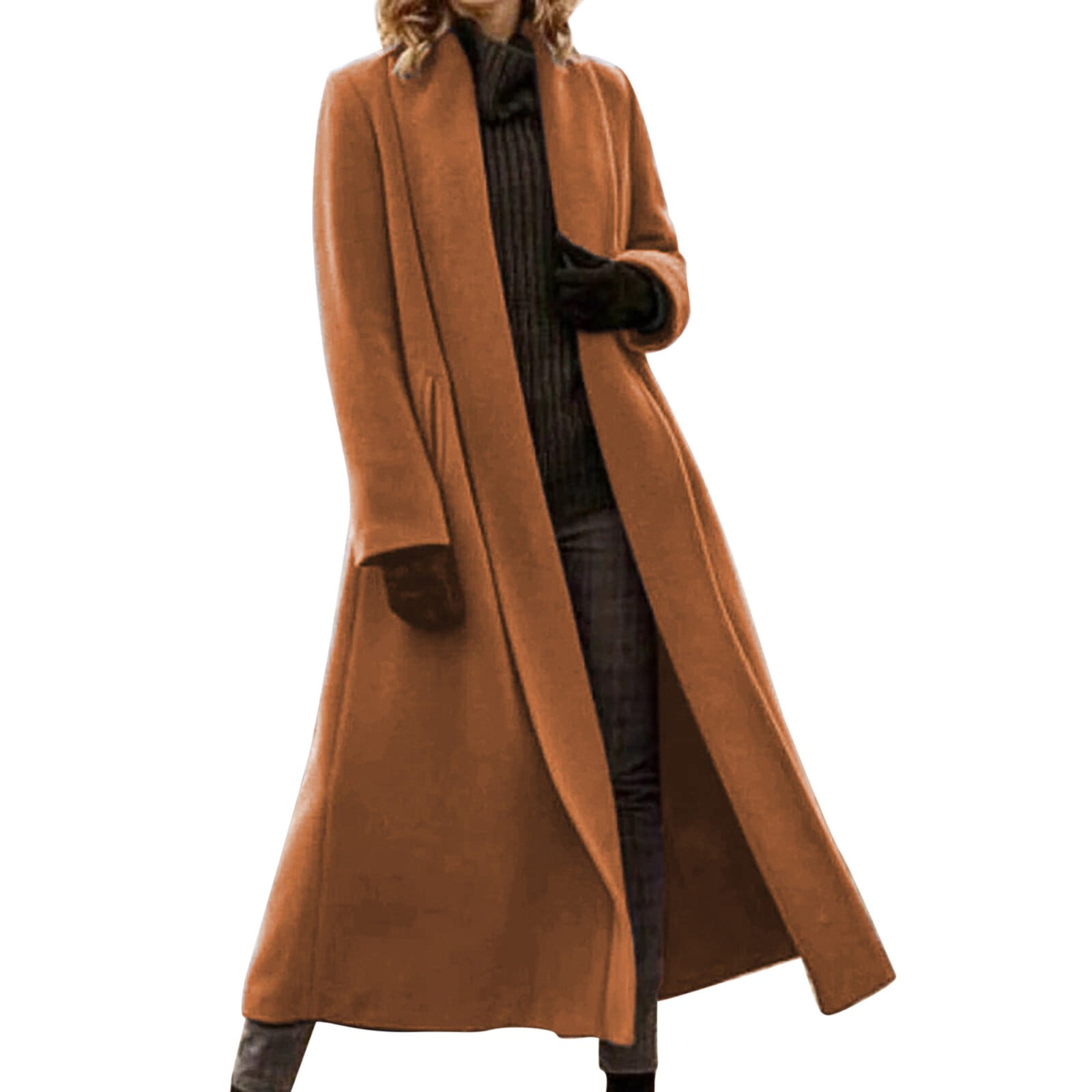 Women's Long Wool Blend Overcoat Elegant Full-Length Winter Trench Coat ...