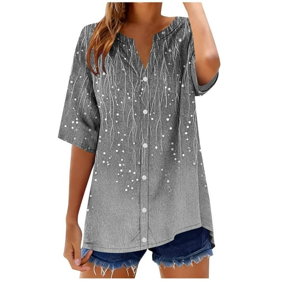 Women's Loose Button Down Shirts Trendy Summer Half Sleeve Tops V Neck ...