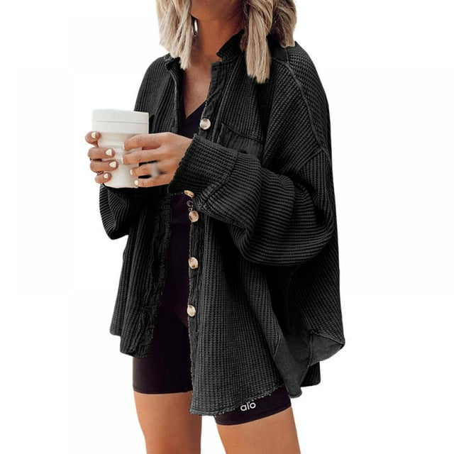 Womens Loose Fit Batwing Sleeve Waffle Knit Button Down Shirt Shacket