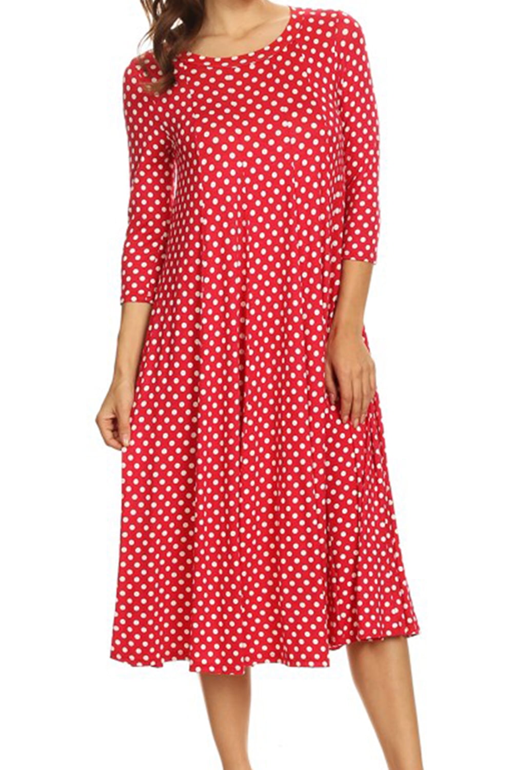 Womens Loose Fit Scoop Neck 3 4 Sleeve Polka Dot Patterned A Line Long