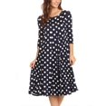 Womens Loose Fit Scoop Neck 3 4 Sleeve Polka Dot Patterned A Line Midi