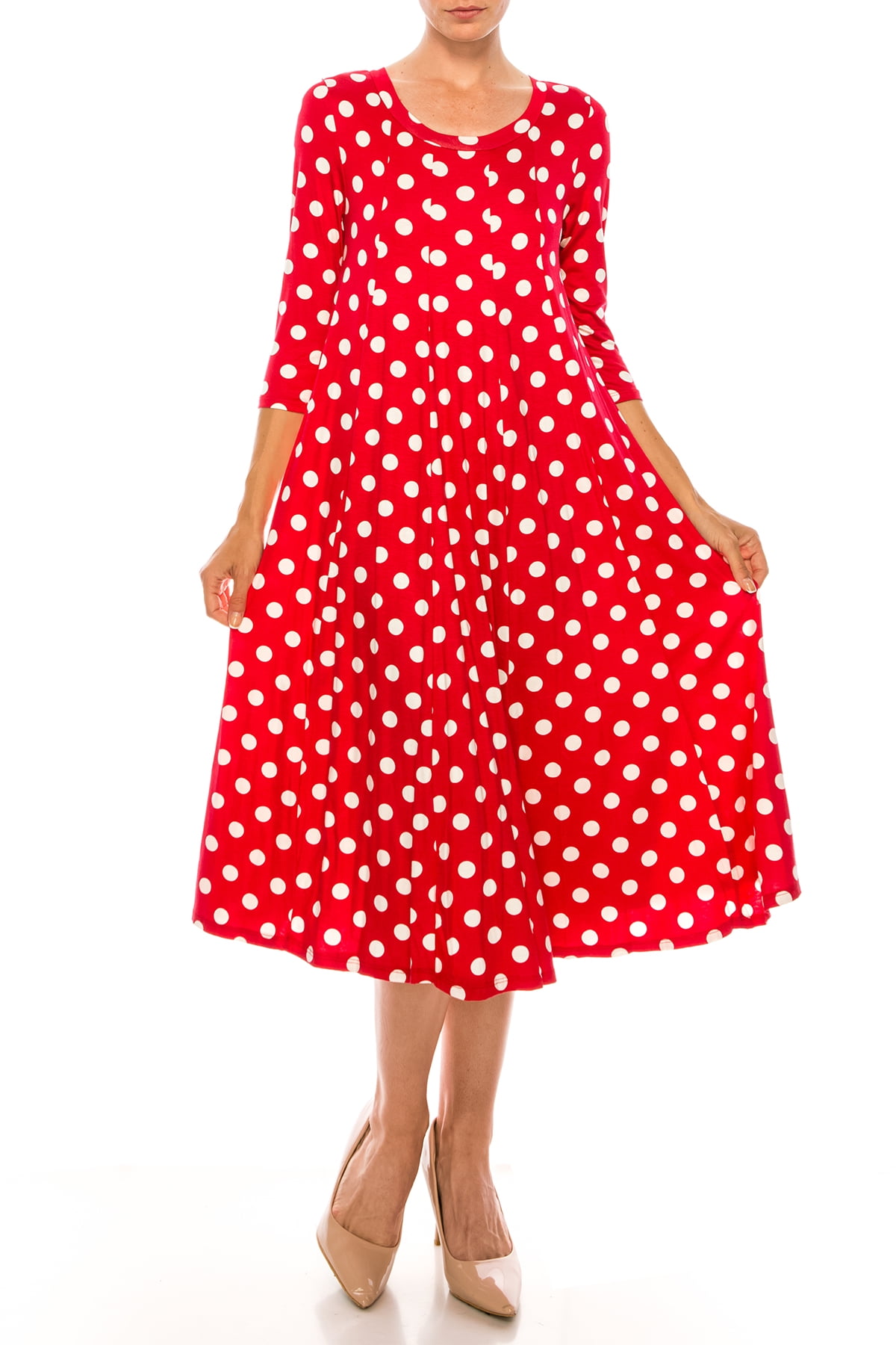 Women's Loose Fit, Scoop Neck, 3/4 Sleeve, Polka Dot Patterned, A-Line ...
