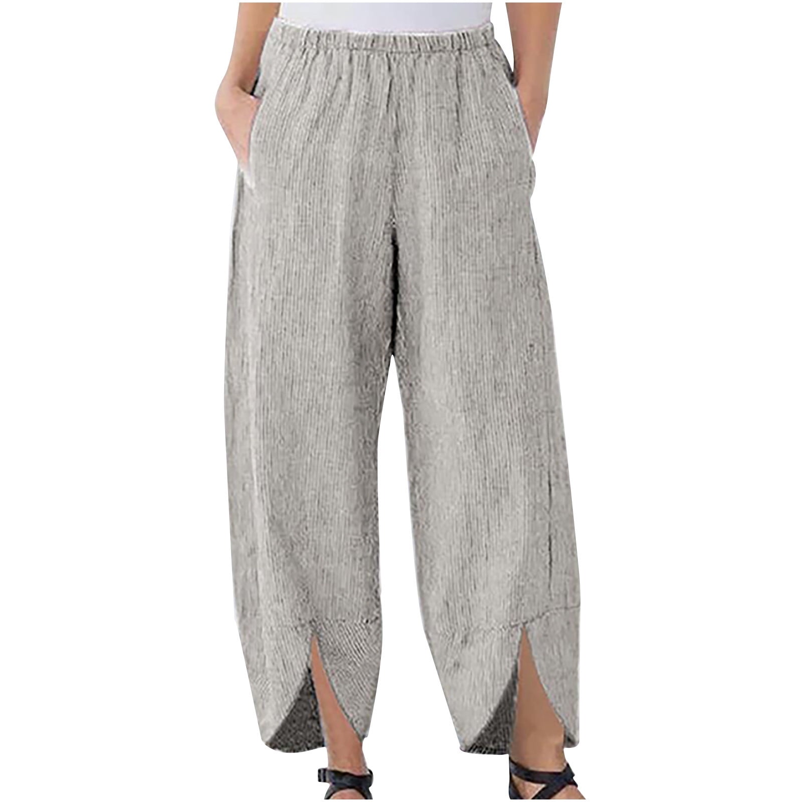 Women's Loose Fitting Capris Casual Corduroy Split Front Pull-On Pants ...