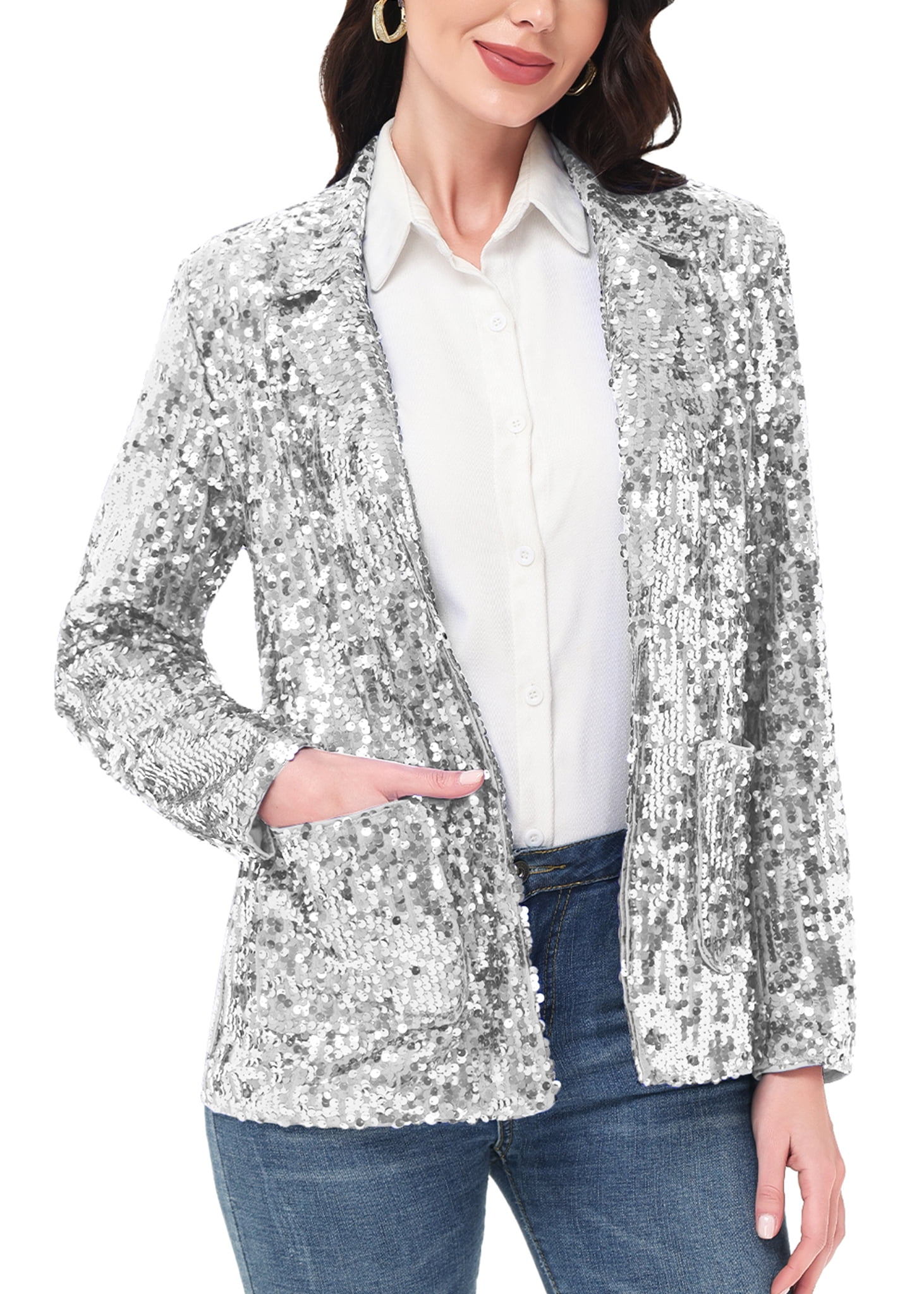 Women's Loose Sparkle Sequin Jacket Long Sleeve Casual Blazer Open ...