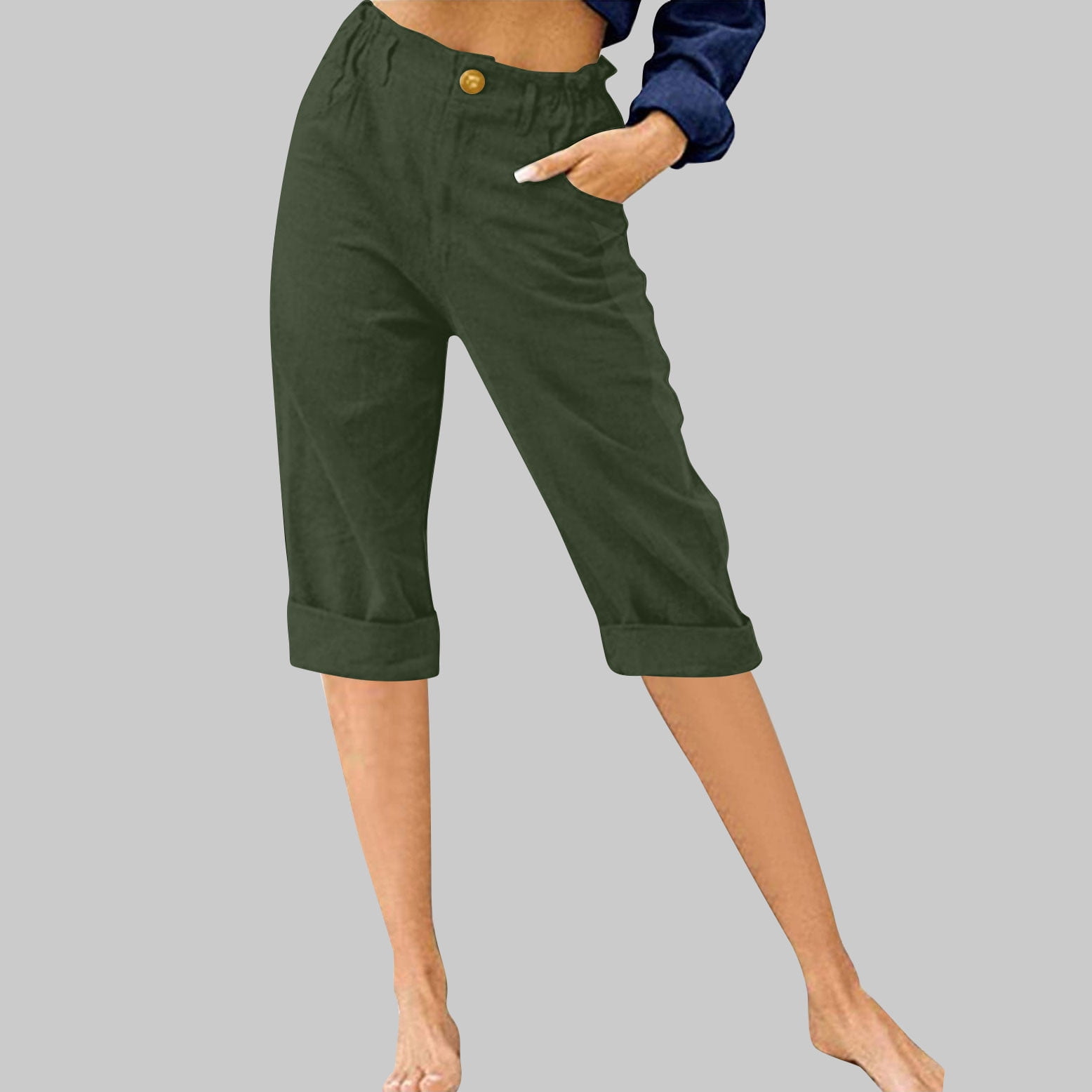 Women's Loose Straight Leg Half Pants Summer High Waist Cotton Solid ...