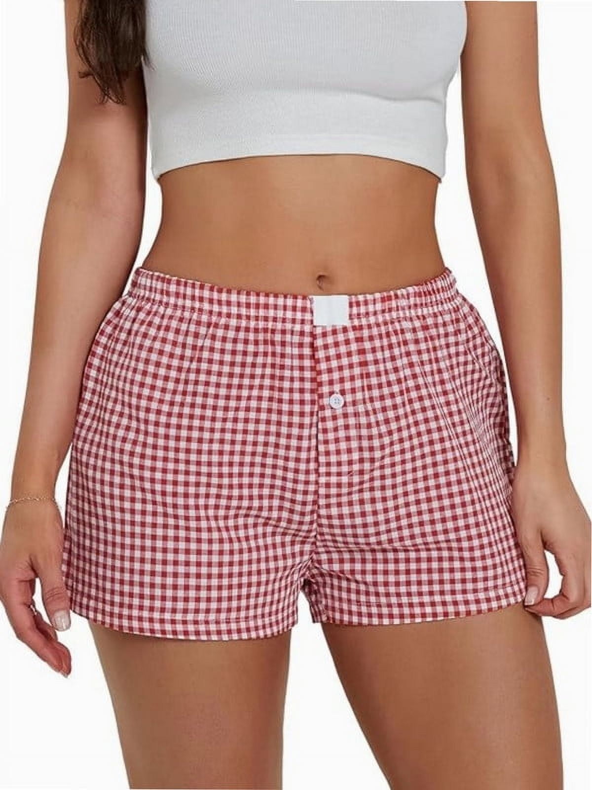 Women's Lounge Shorts Cute Soft Elastic Low Waist Plaid Print Button ...