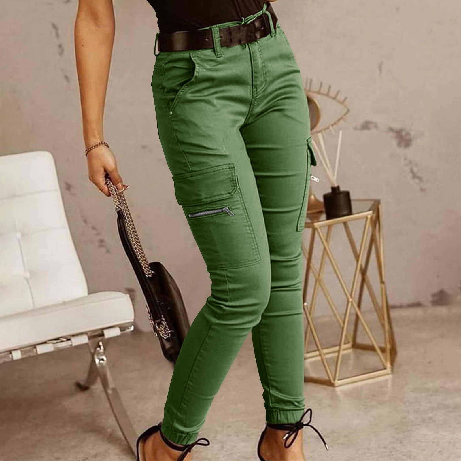Women's Low-Rise Button Pocket Cargo Pants,Solid Color Casual Trousers ...