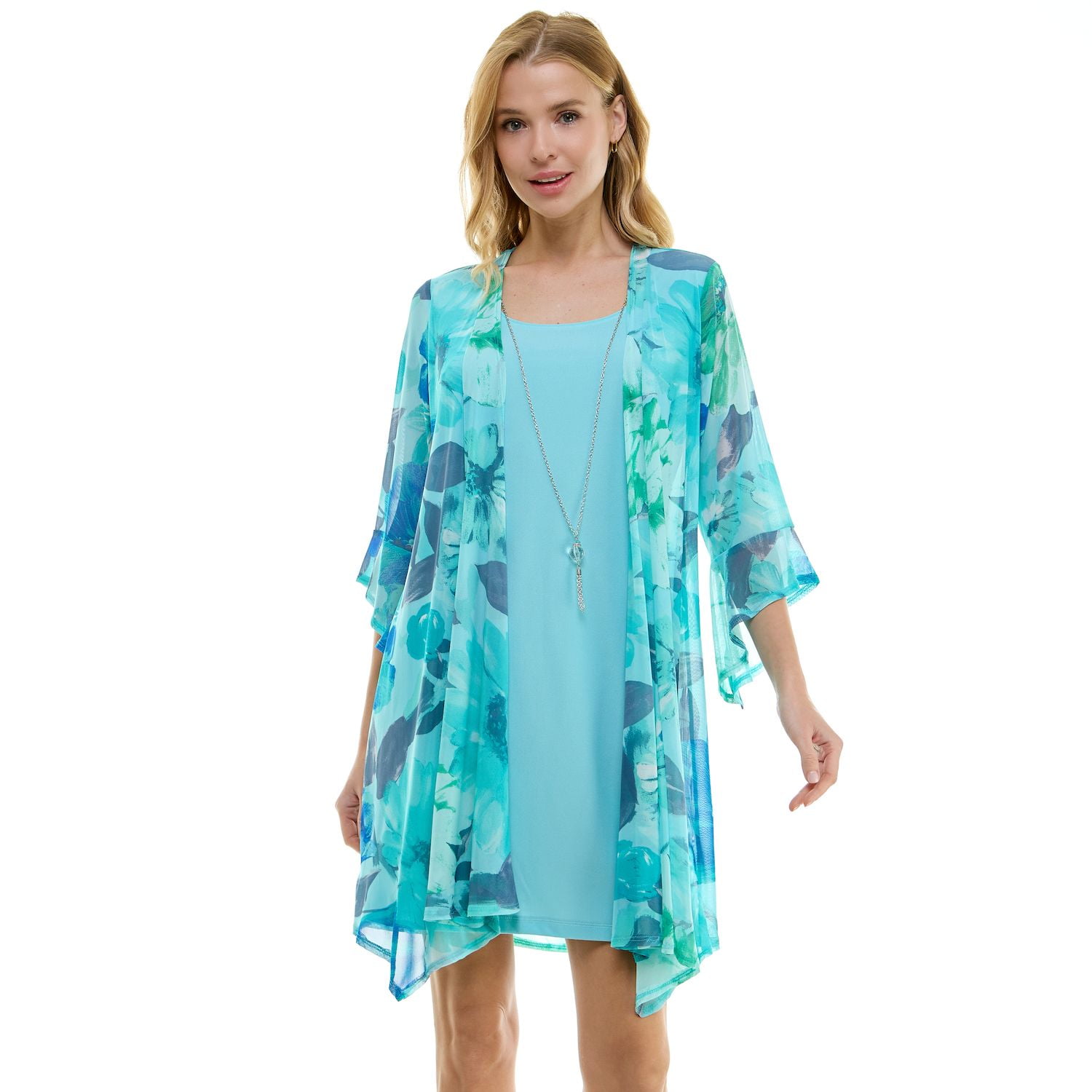 Women's Luxology 2-Piece 3/4 Bell Sleeve Cardigan & Dress Set Color: Aqua Blue Gray Size: MEDIUM ...