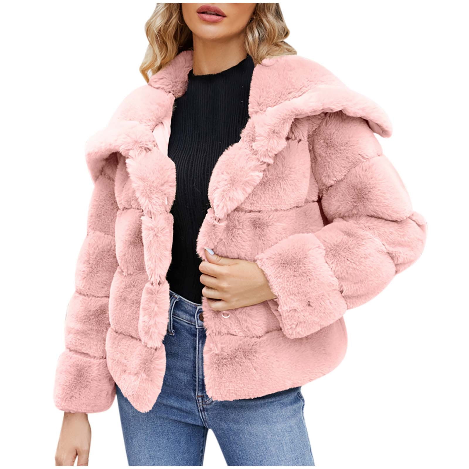 Women's Luxury Faux Fur Winter Coats with Big Collar Fuzzy Warm Shaggy Furry Outerwear Open ...