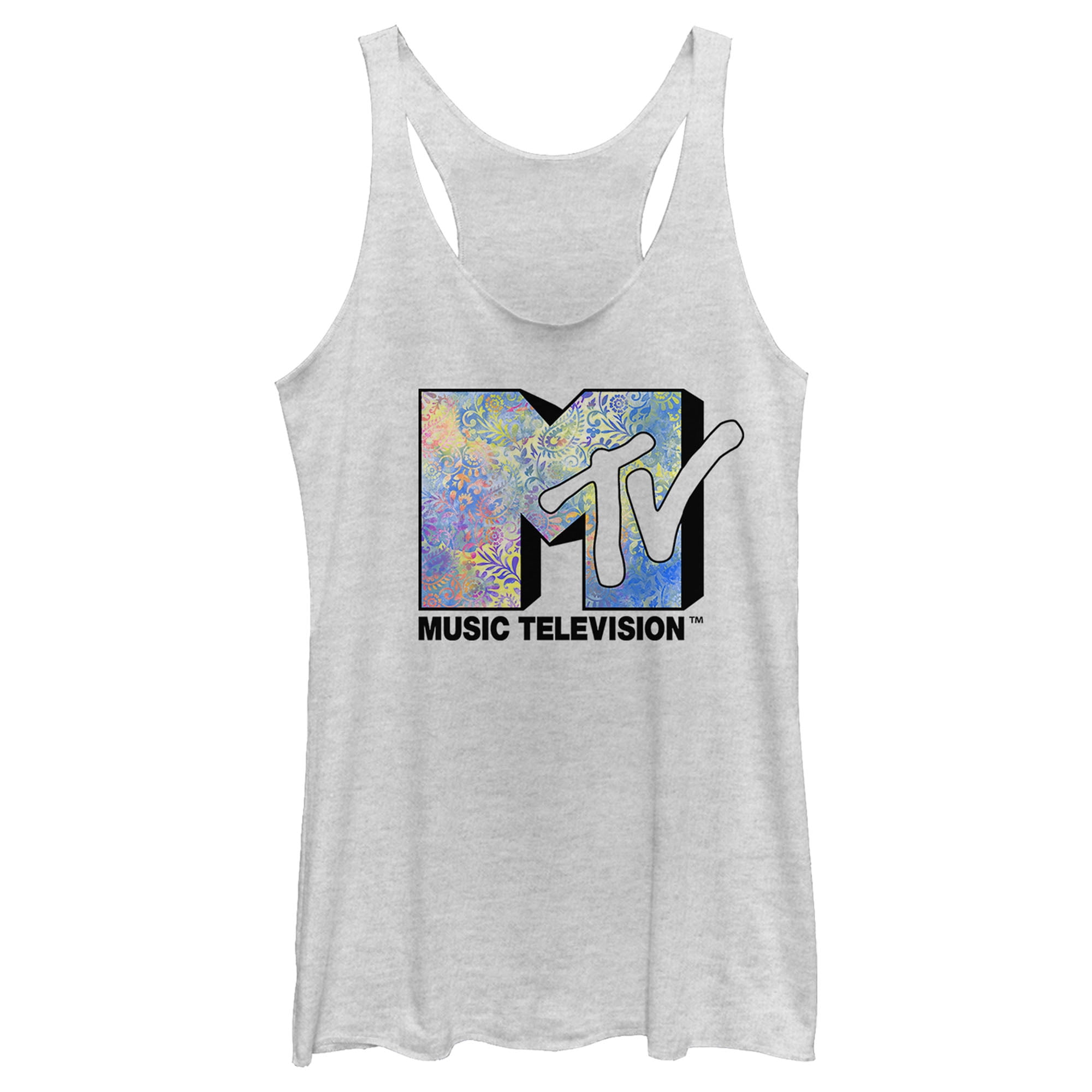 Women's MTV Paisley Print Logo Racerback Tank Top White Heather Large ...