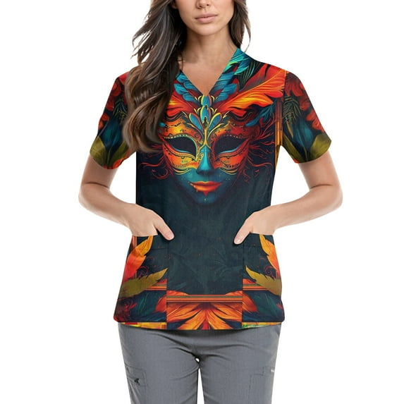 Women's Mardi Gras Scrub Top Carnival Mask Printed Plus Size Scrubs Short Sleeve V-Neck Working ...