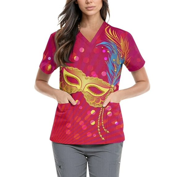 Women's Mardi Gras Scrub Top Carnival Mask Printed Plus Size Scrubs ...