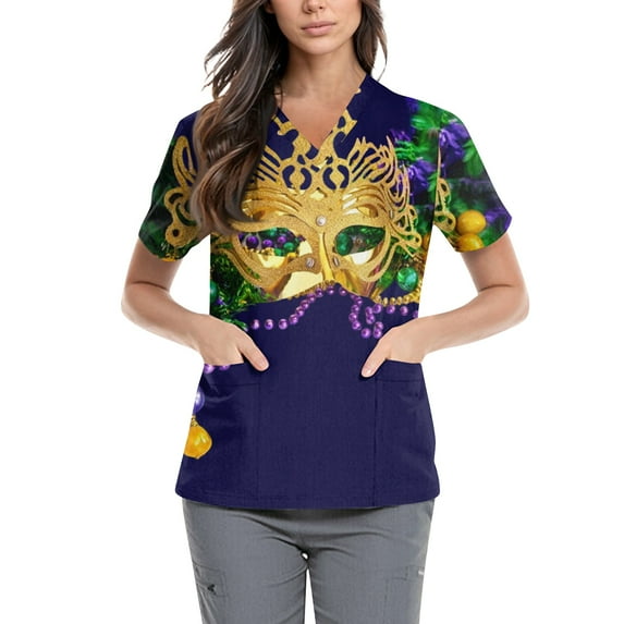 Women's Mardi Gras Scrub Top Carnival Mask Printed Plus Size Scrubs ...