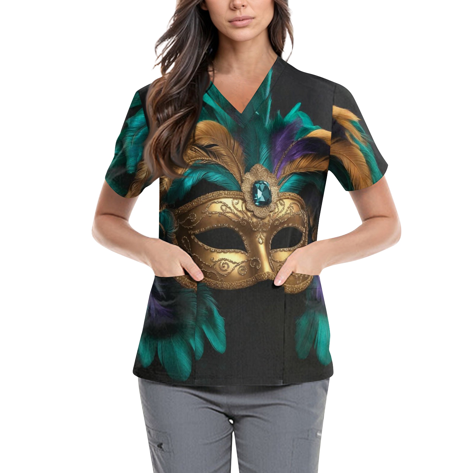 Women's Mardi Gras Scrub Top Funny Mask Print Short Sleeve Vneck ...