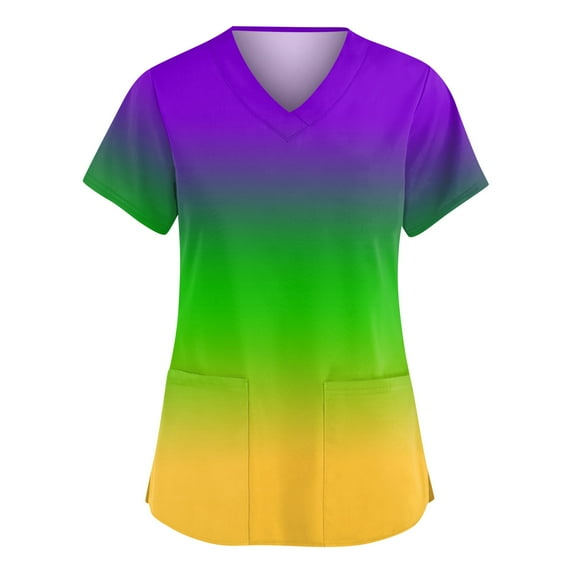 Women's Mardi Gras Scrubs Top Funny Mask Feather Print Short Sleeve ...