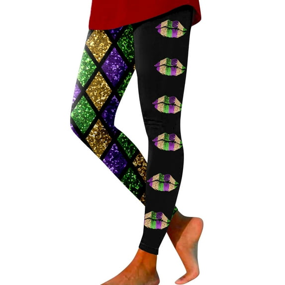 Women's Mardi Gras Yoga Pants Carnival Heart Printed High Waisted Tummy ...